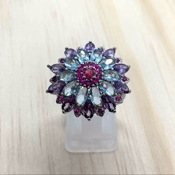 Jewelry | Multicolor Gemstone Flower Ring Silver | Poshmark